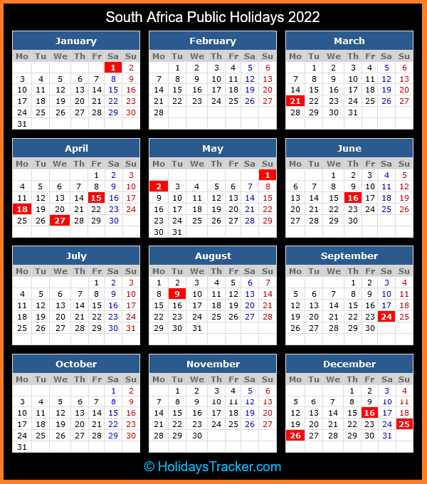 South Africa Public Holidays 2022 Holidays Tracker